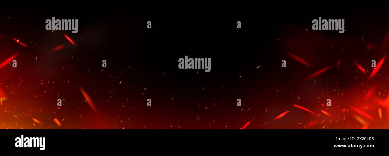 Red fire and smoke overlay with flame spark glow on black background ...