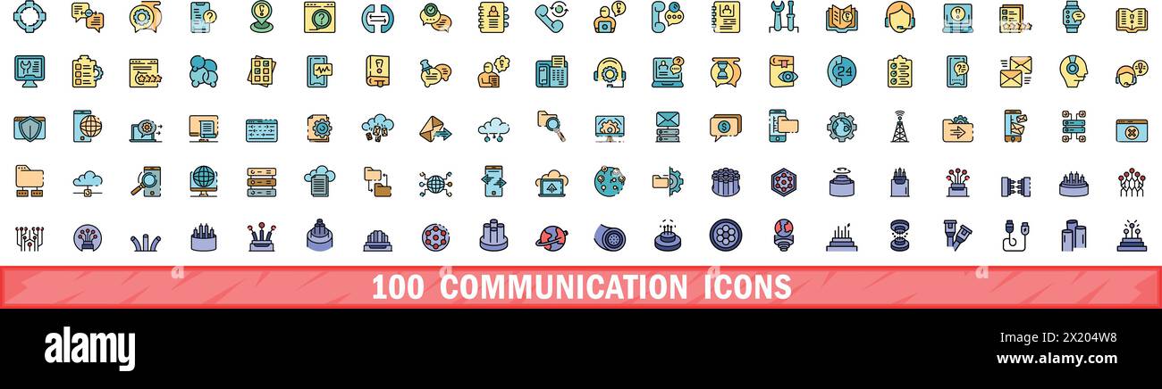 100 communication icons set. Color line set of communication vector ...
