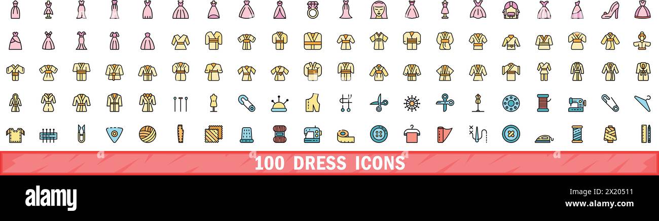 100 dress icons set. Color line set of dress vector icons thin line ...