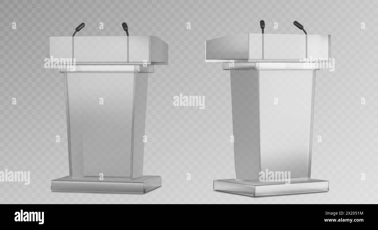 Glass transparent pulpit with microphone for speech or conference ...