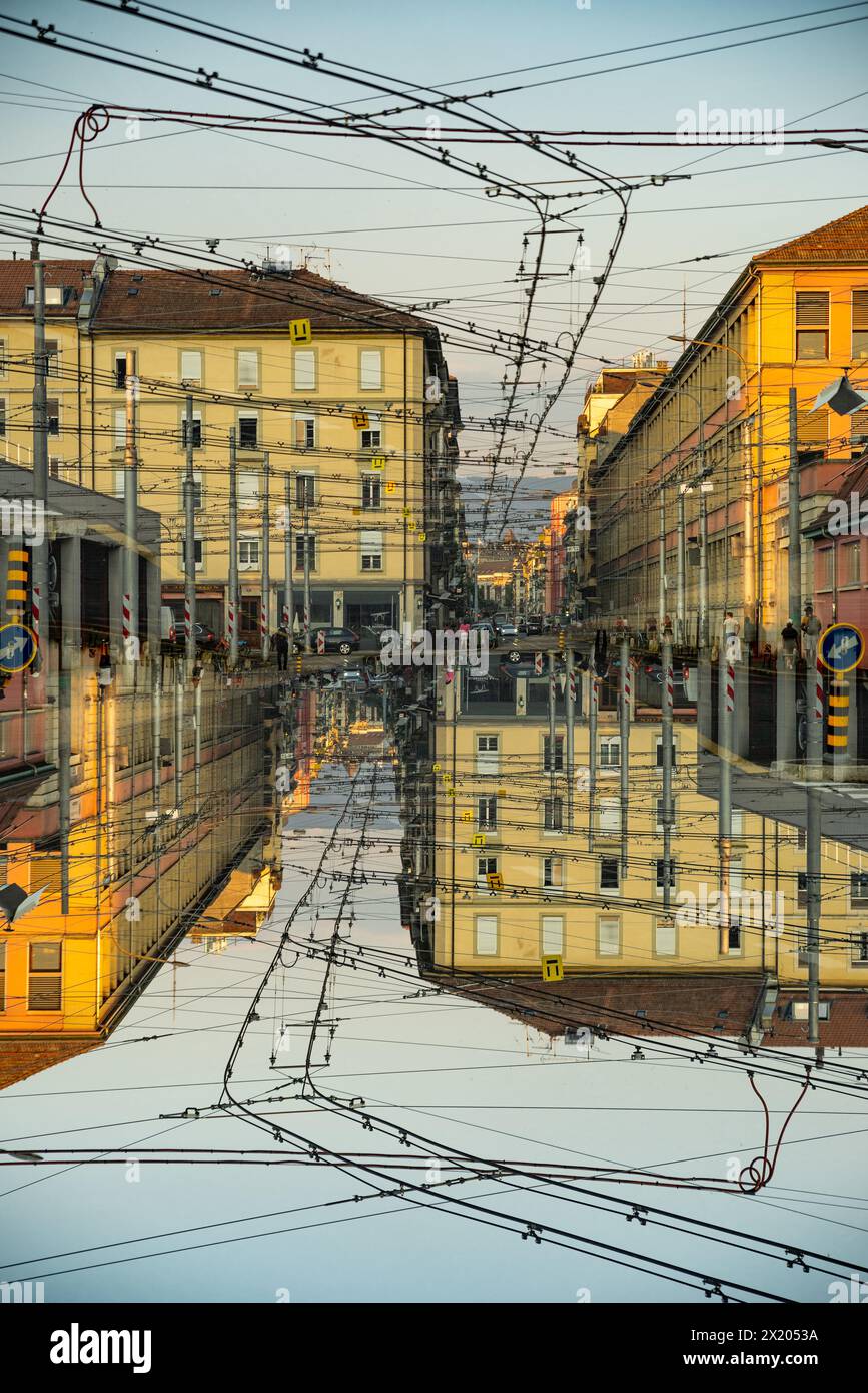 Double exposure of the trolley bus ranging station and it's powerlines ...