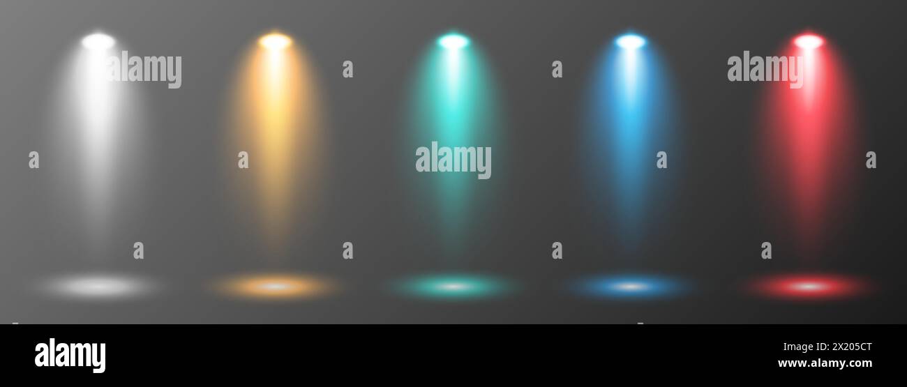 A set of five colored spotlights, lighting the stage with the light of ...