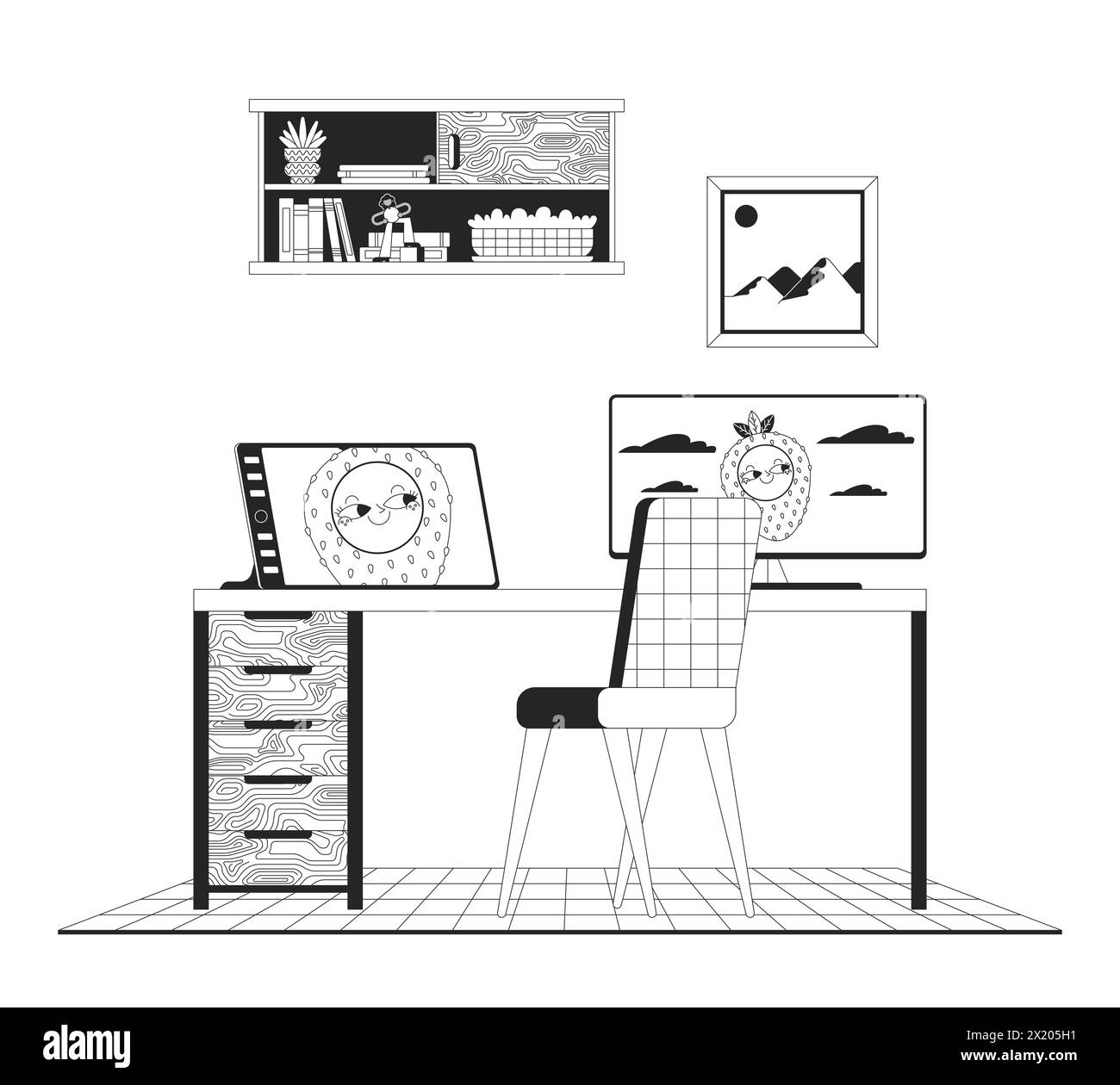 Home office desk with digital tablet black and white cartoon flat ...