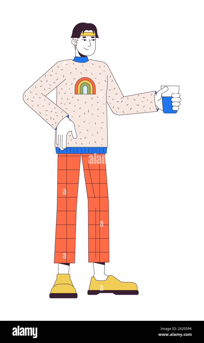 Cheerful asian man holding drink 2D linear cartoon character Stock ...