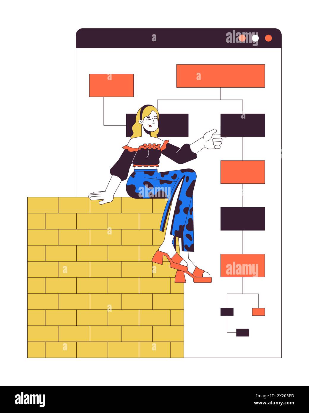 Woman developer building website wireframe 2D linear cartoon character ...