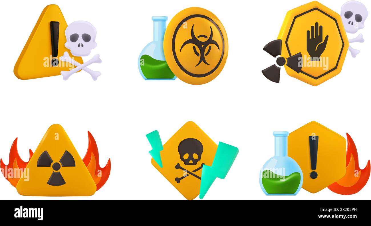 Hazard 3D signs. Biohazard and radiation warning, caution symbols with ...