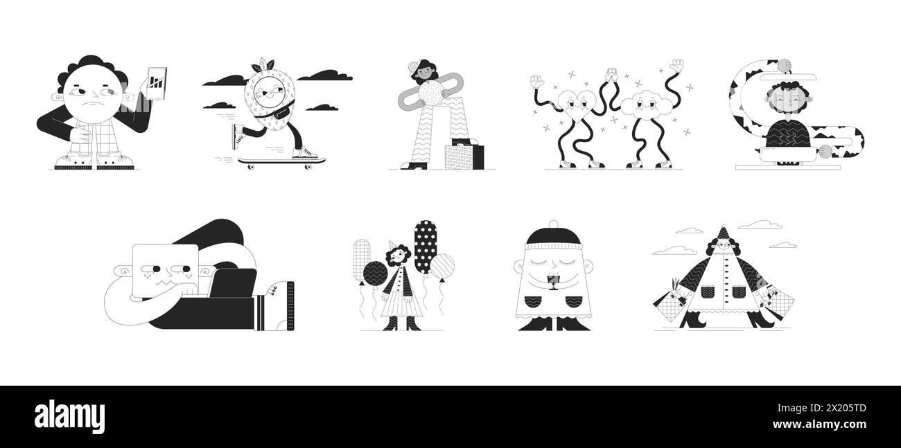 Funny geometric shape people black and white 2D illustration concepts ...