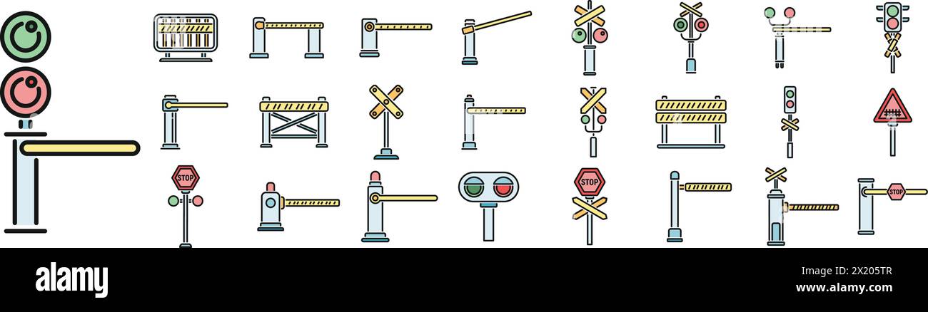 Railroad barrier icons set outline vector. Crossing railway. Sign barrier thin line color flat ...