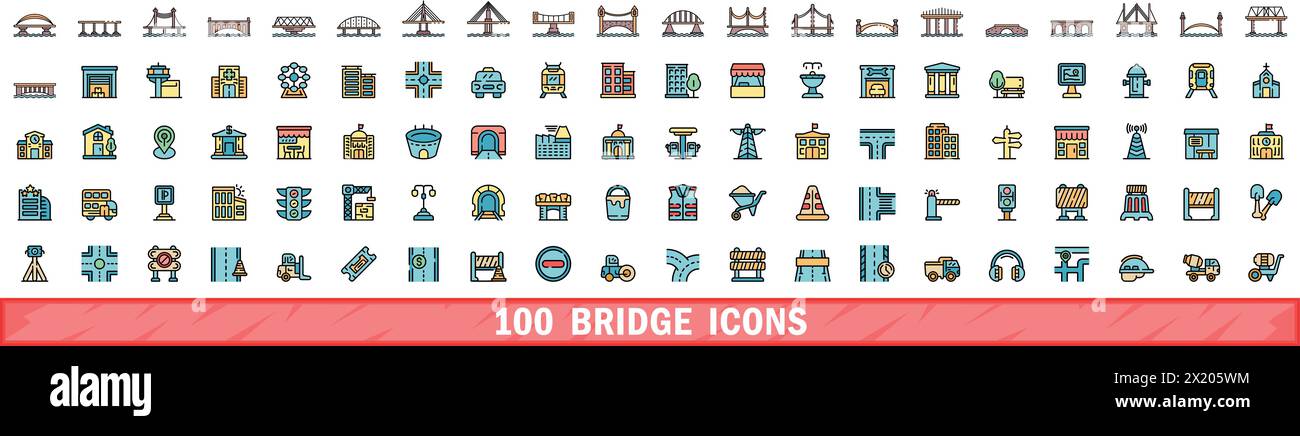 100 bridge icons set. Color line set of bridge vector icons thin line ...