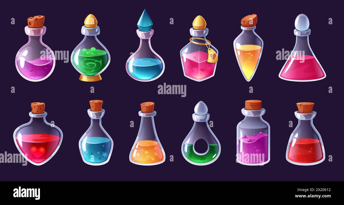 Magic potion. Love elixir, magical liquid bottles and alchemy inventory cartoon game interface ...