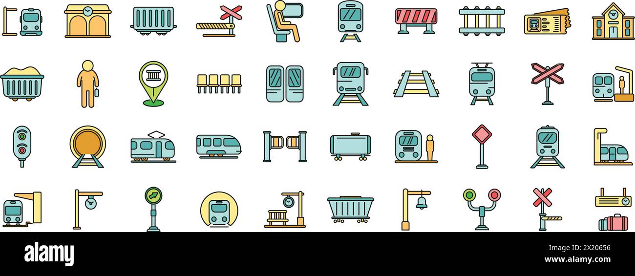 Railway platform icons set outline vector. Locomotive subway. Barrier ... Railway platform icons set outline vector. Locomotive subway. Barrier ...