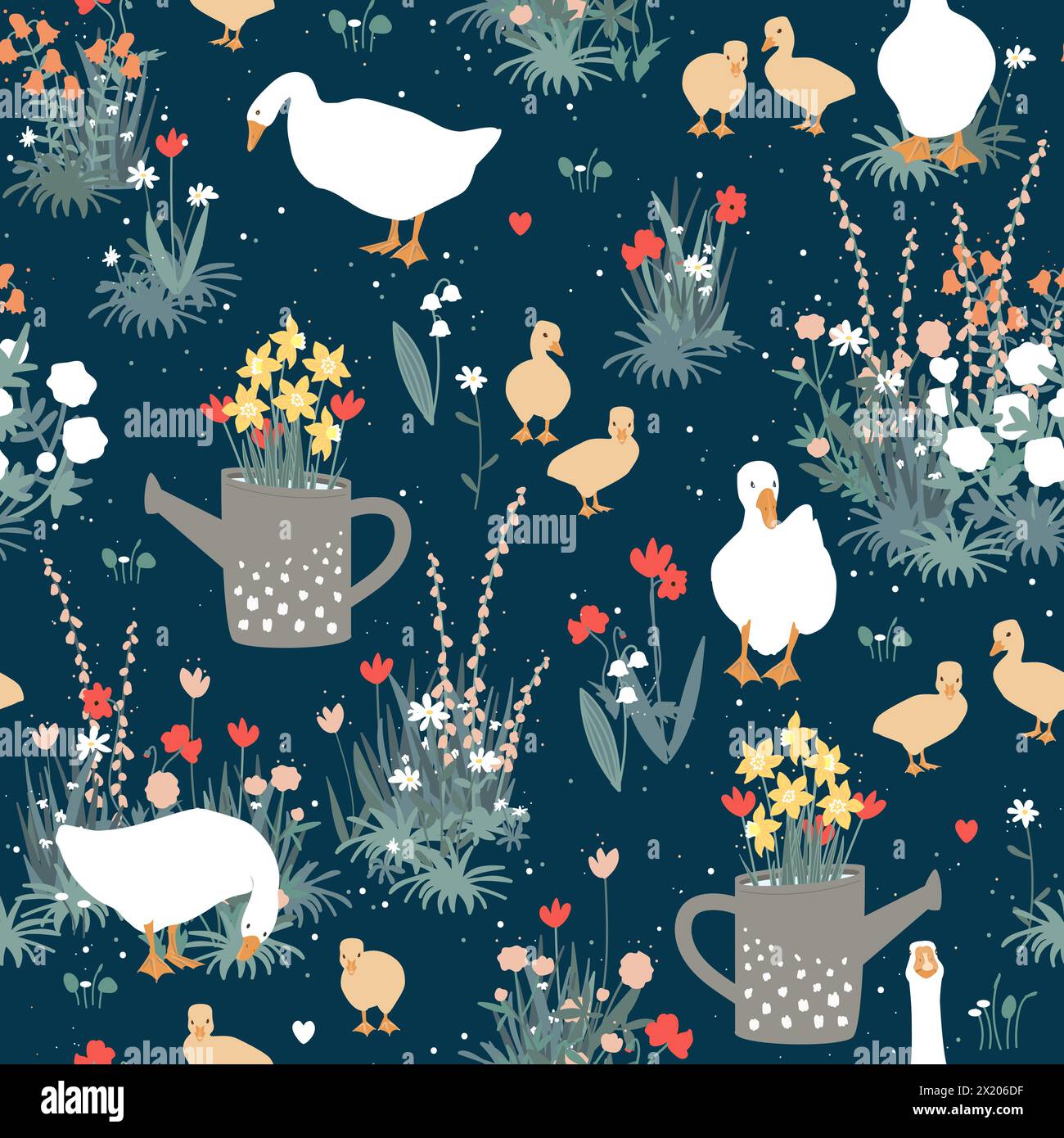 Cute goose and gosling in a Spring garden seamless pattern. Baby and ...