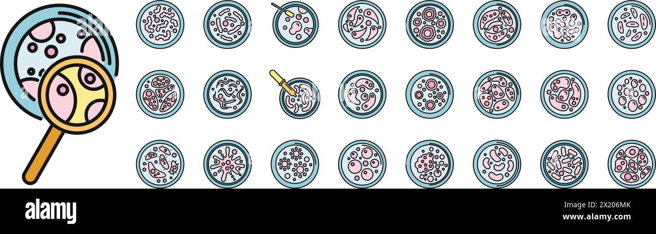 Petri dish icons set outline vector. Bacteria experiment. Dish culture thin line color flat on ...