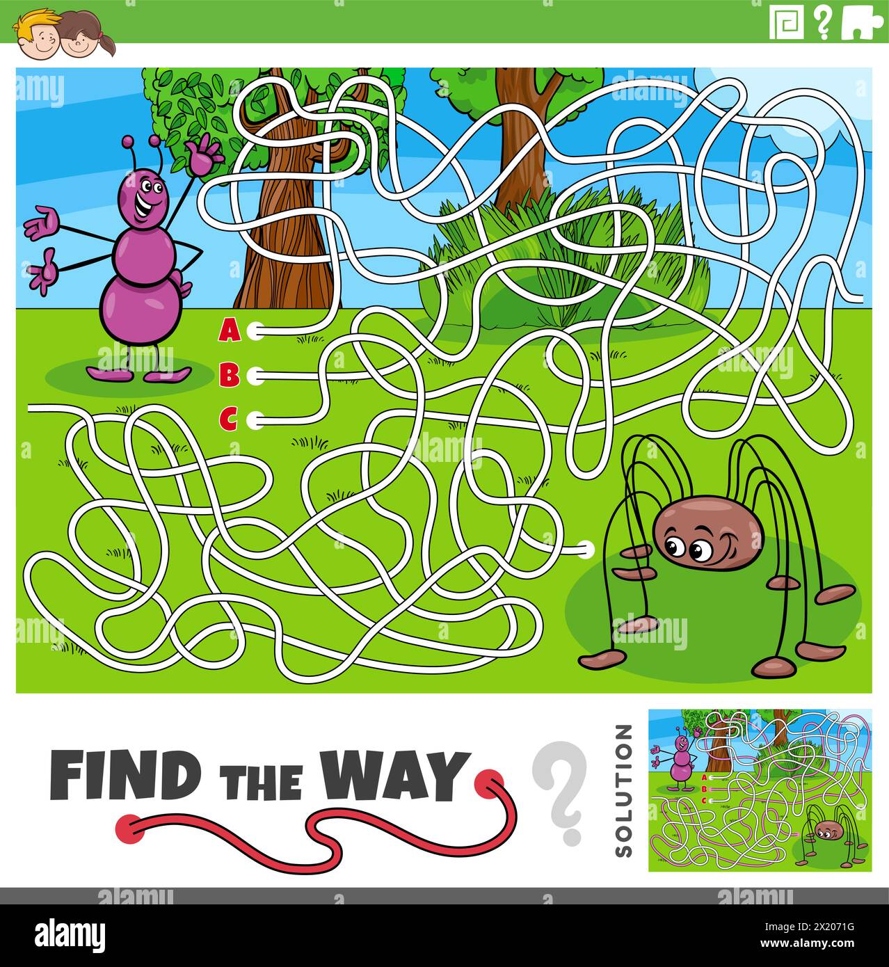 Cartoon illustration of find the way maze puzzle activity with ant and ...
