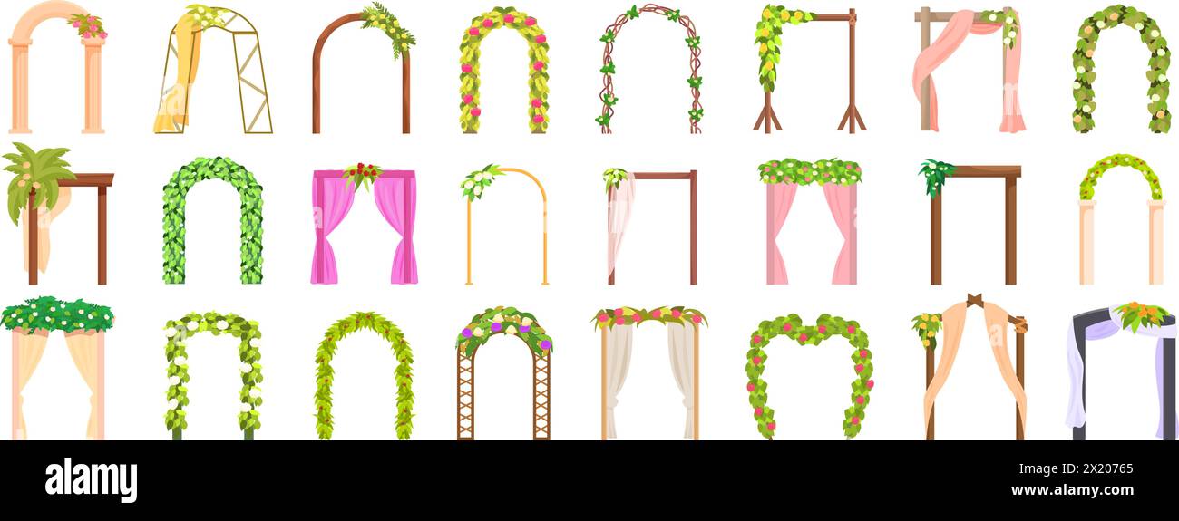 Romantic wedding arch icons set cartoon vector. Party decoration ...
