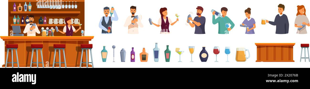 Bartender making cocktail icons set cartoon vector. Pub counter. Indoor ...