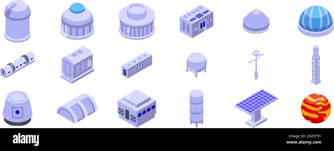 Mars observatory icons set isometric vector. Planet colony. Futuristic ...