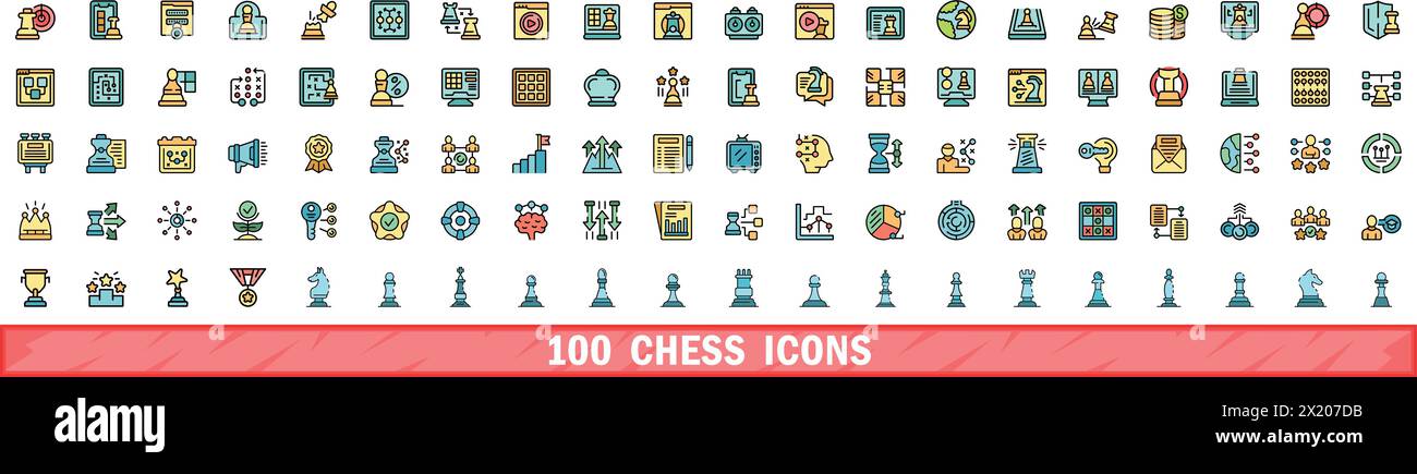 100 chess icons set. Color line set of chess vector icons thin line ...