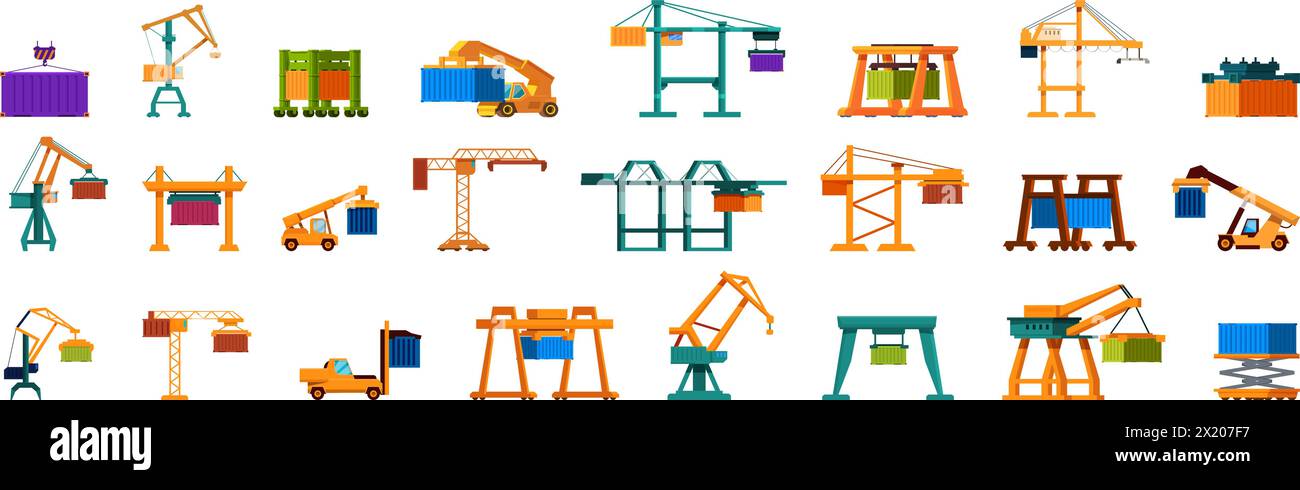 Crane lifting maritime container icons set cartoon vector. Ship cargo ...