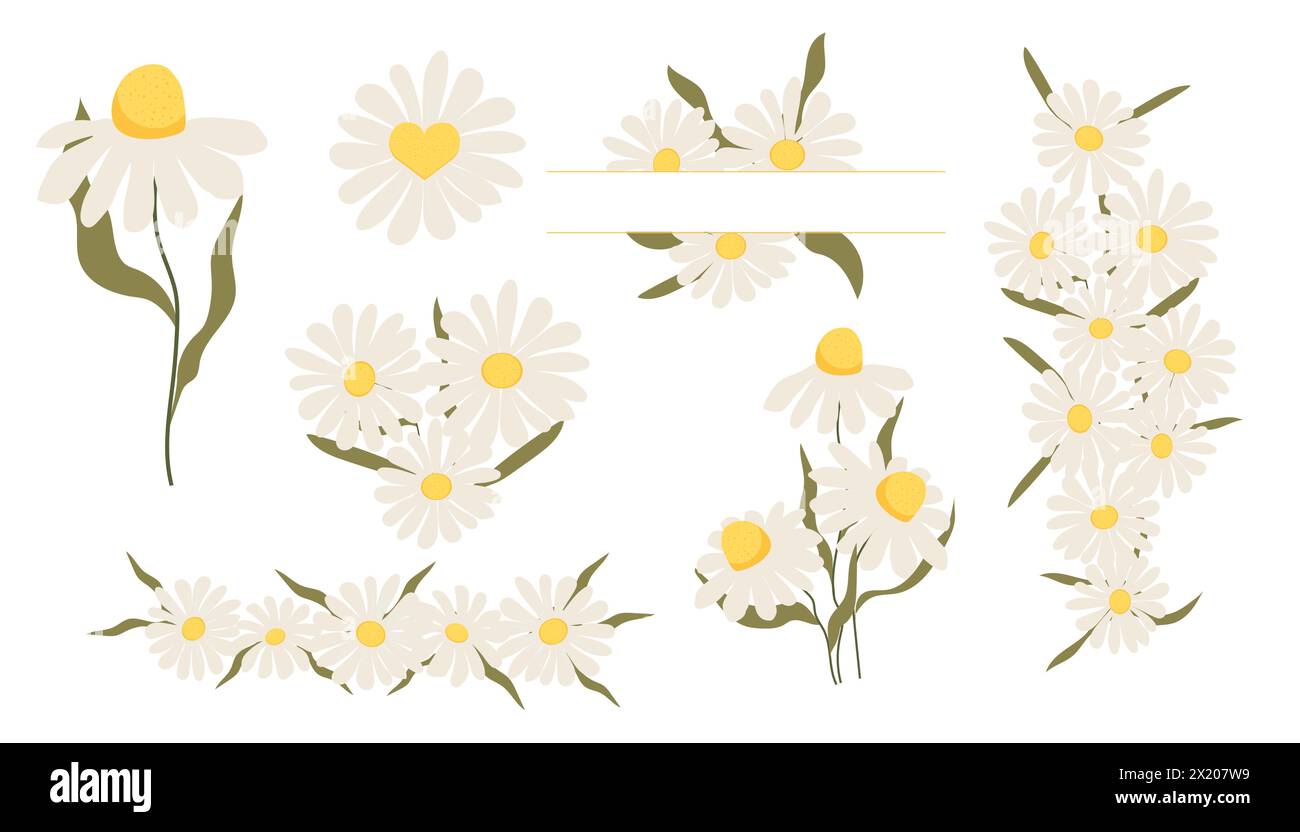 Set flower border daisy frames, floral decorations. Cute stickers ...