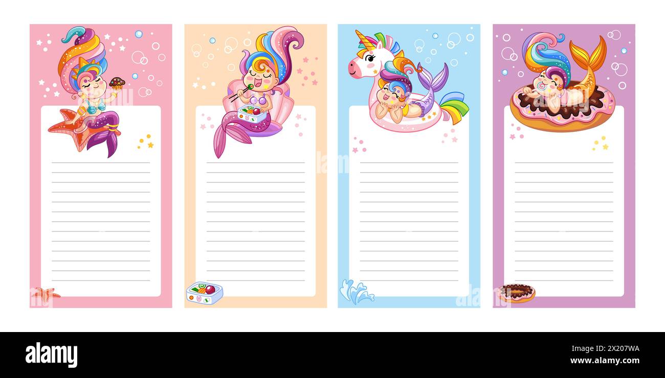 Note pad and sticker design with cute sweet tooth mermaids. Four pages ...