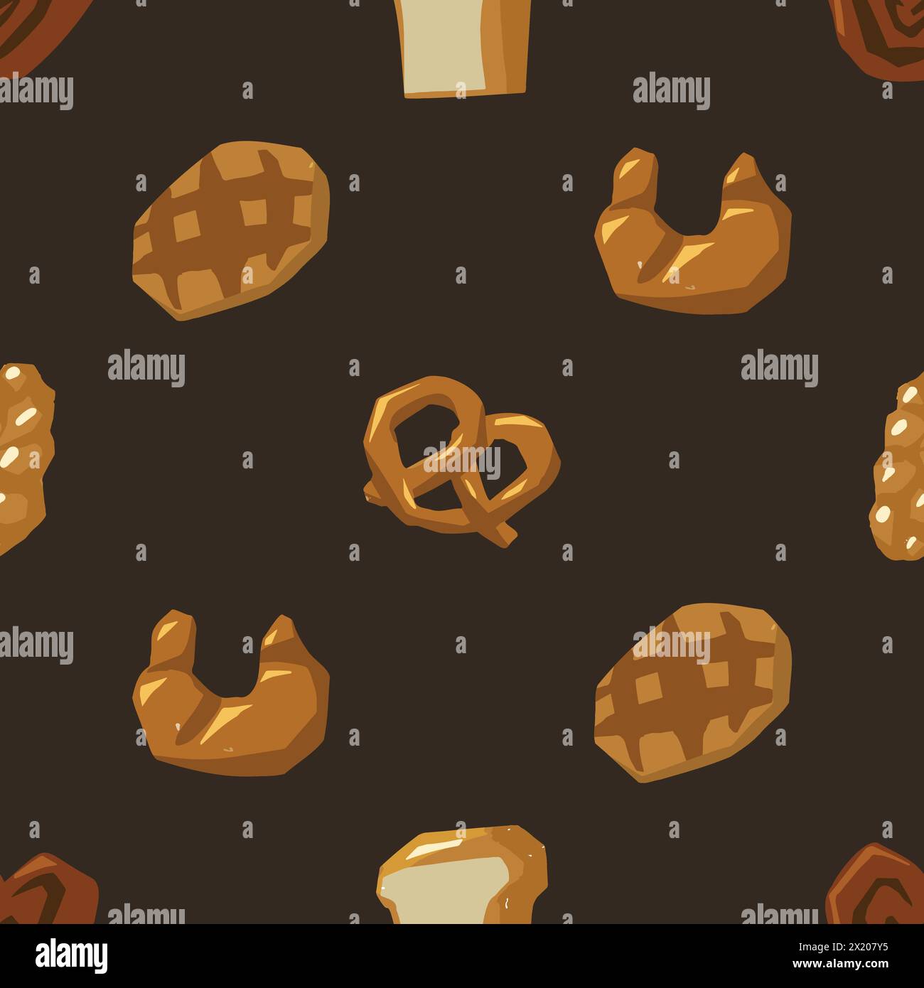 Seamless pattern of various bread types. Waffles, loaf, baguette, bun ...