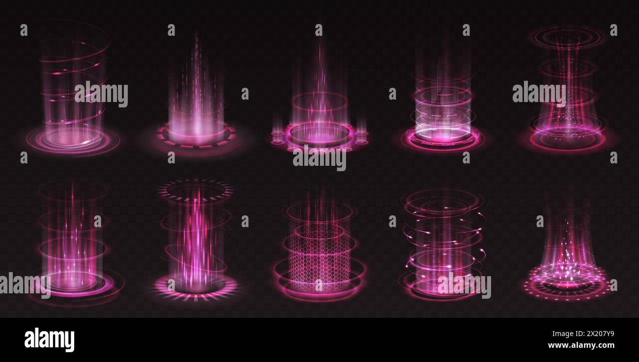 Portals with pink light flashes realistic vector illustration set ...