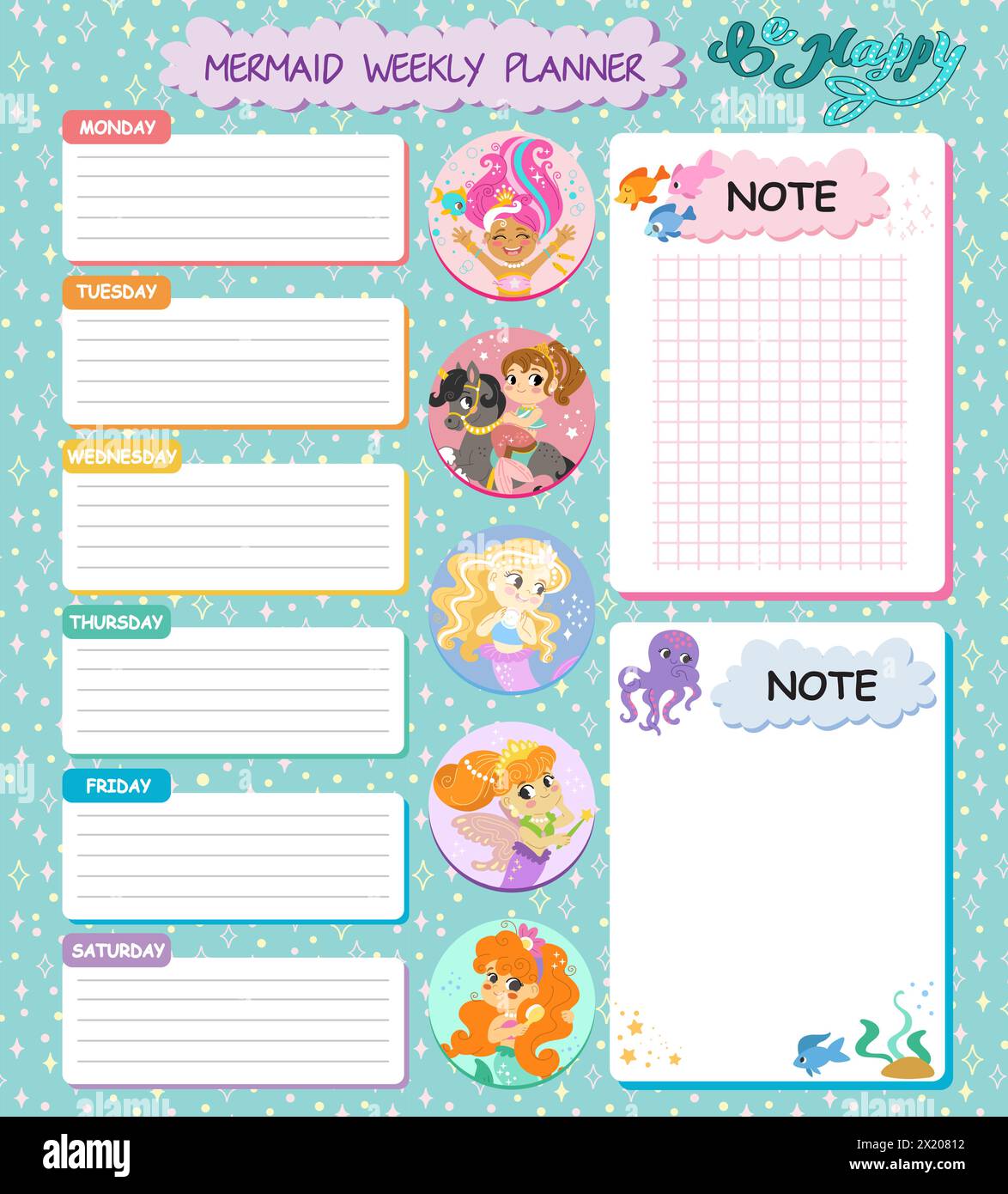 Weekly planner with cute happy mermaids. Kids schedule of classes ...