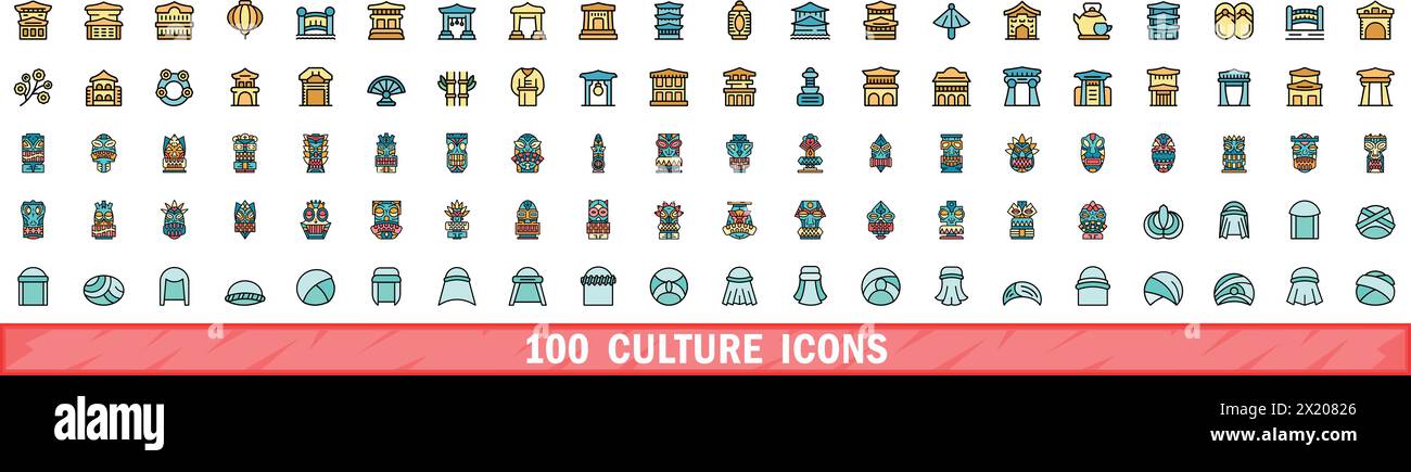 100 culture icons set. Color line set of culture vector icons thin line ...