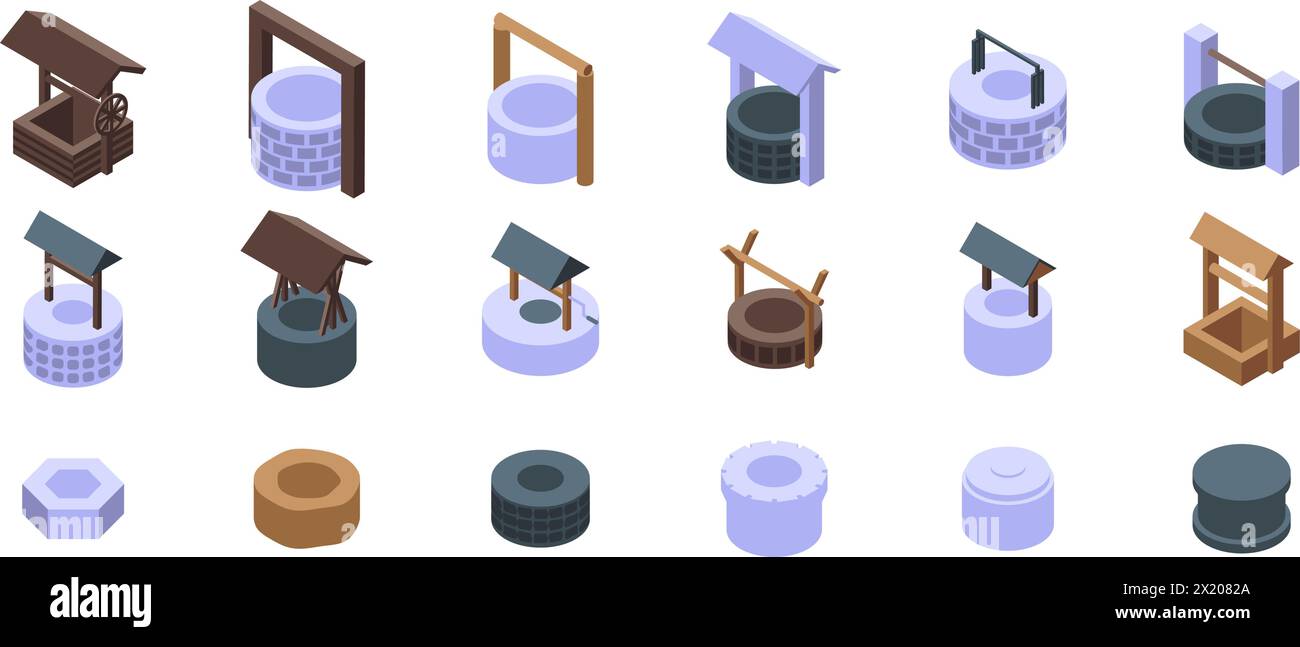 Old water well icons set isometric vector. Wood stone. Garden fresh ...