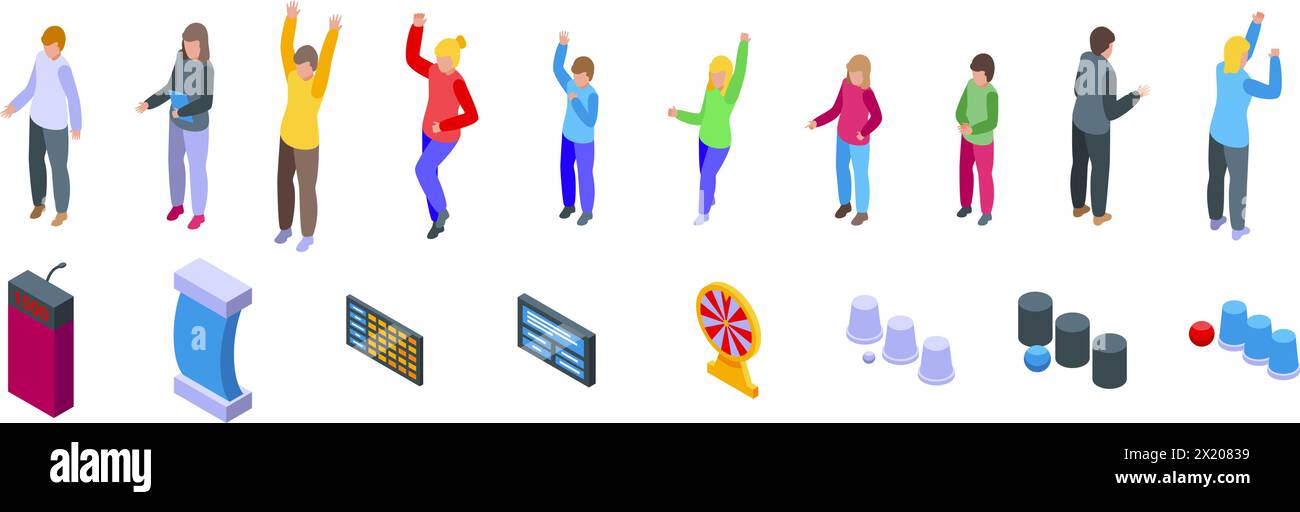 Winning guessing game icons set isometric vector. Show player. Stand button Stock Vector Image ...