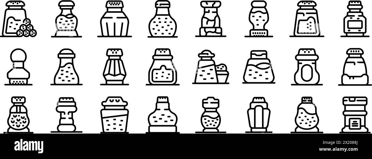 Pepper Shaker Icons Set Outline Vector Glass Handle Pot Metal Flask Stock Vector Image And Art