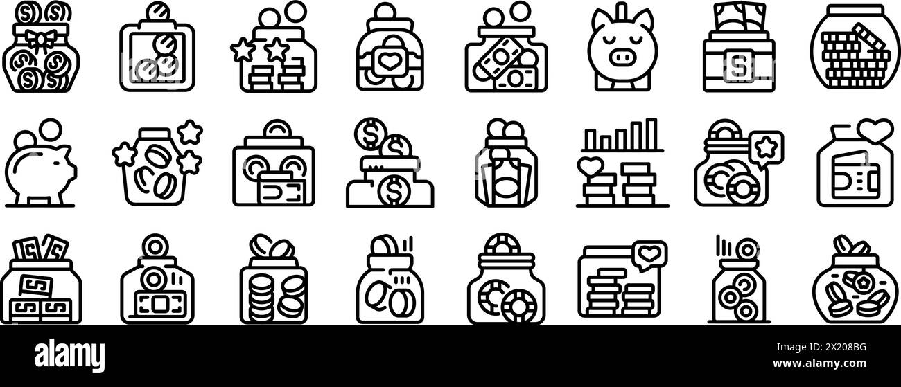 Money box tips icons set outline vector. Donation savings. Can pension ...