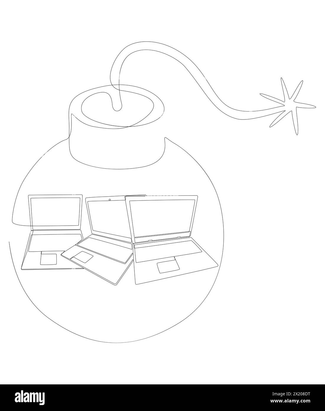 One continuous line of Laptop with Bomb. Thin Line Illustration vector ...