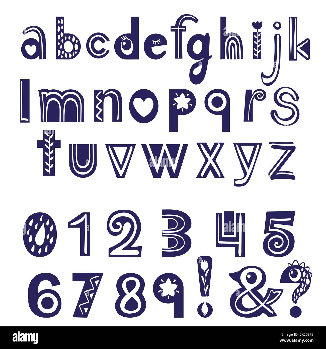 Black and white English alphabet and numbers for kids. Doodle font for ...