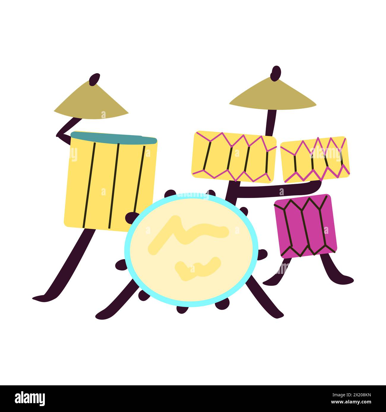 Yellow and purple drums set vector design. Drum kit in flat style ...