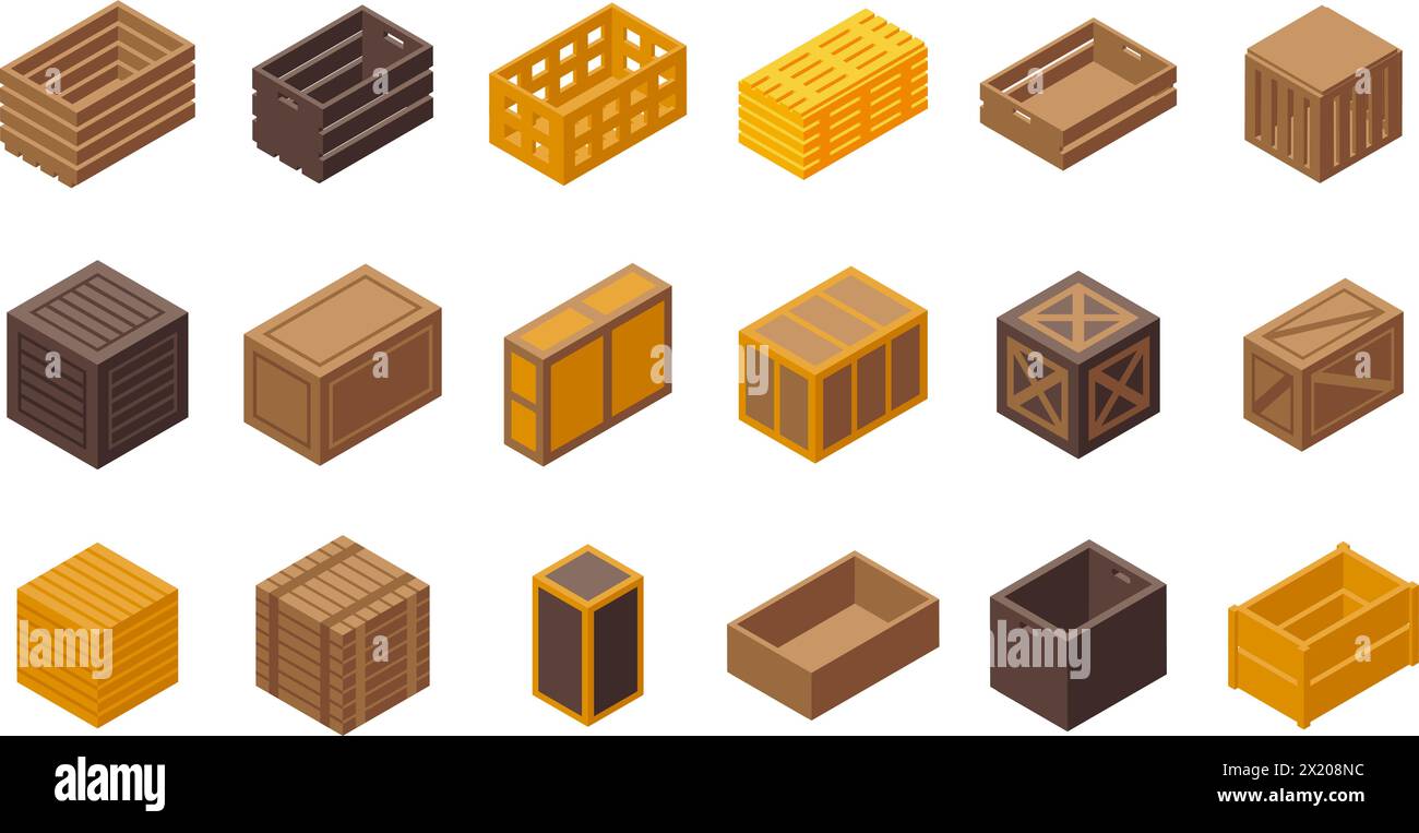 Wooden crates icons set isometric vector. Storage box. View front food ...