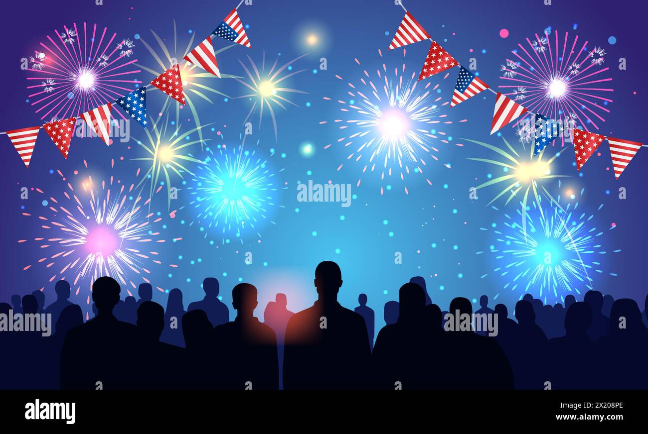 brightly colorful fireworks triangle bunting flags in american national ...