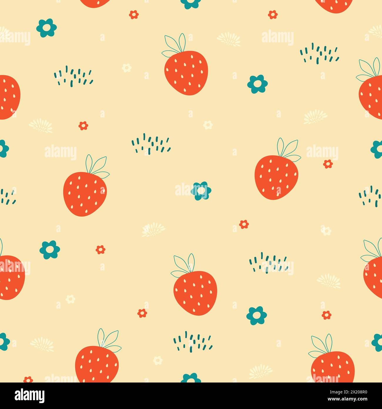 Colorful doodle yummy seamless vector pattern. Strawberry harvesting ...