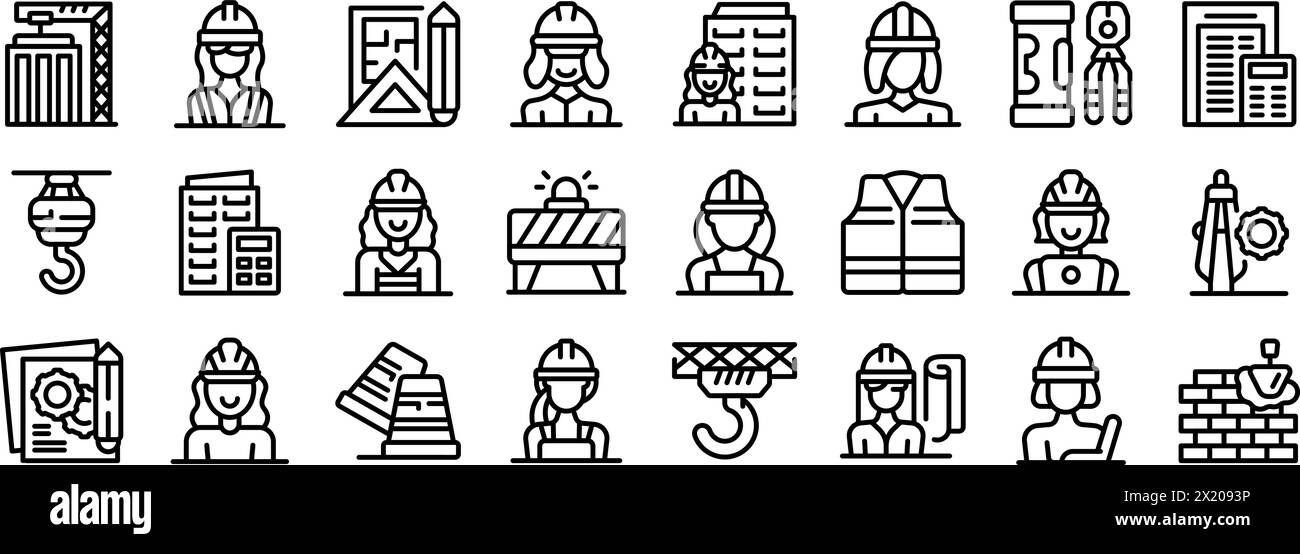 Construction worker woman icons set outline vector. Engineer builder ...