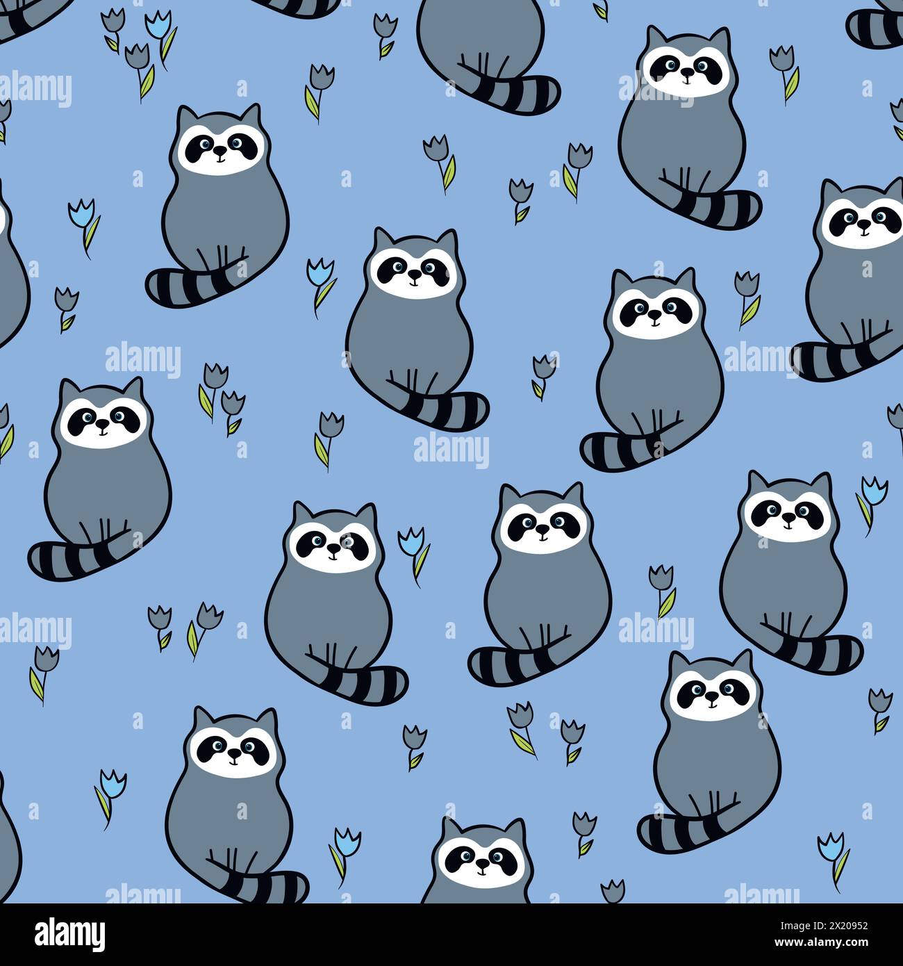 Vector seamless repeating childish pattern with cute raccoon in doodle ...
