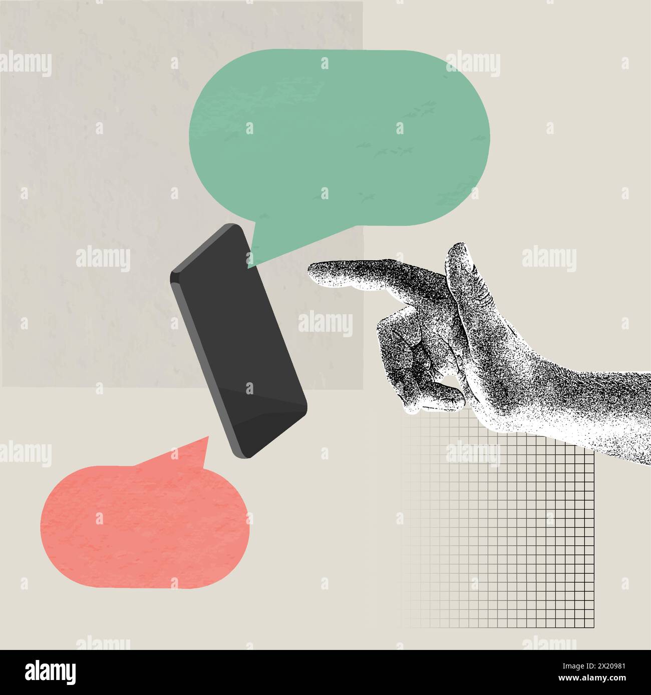 Vector illustration. Contemporary art collage. Male hand reaching phone ...