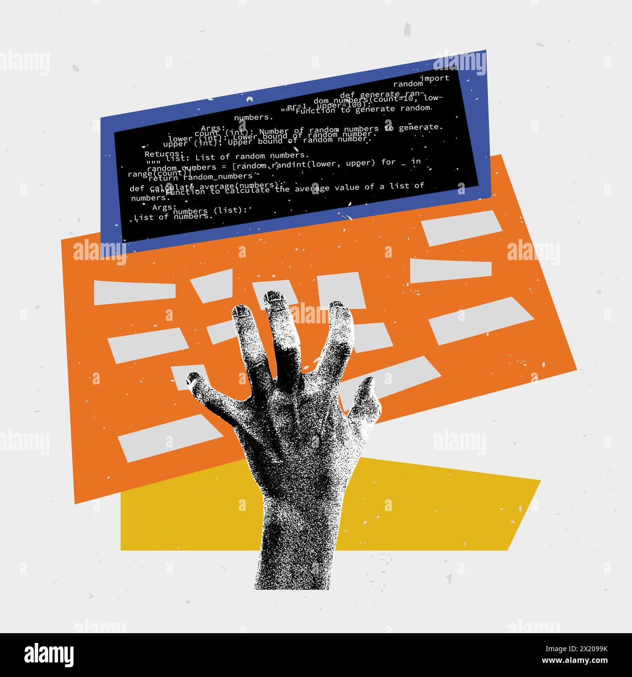 Vector illustration. Contemporary art collage. Male hand fast typing on ...