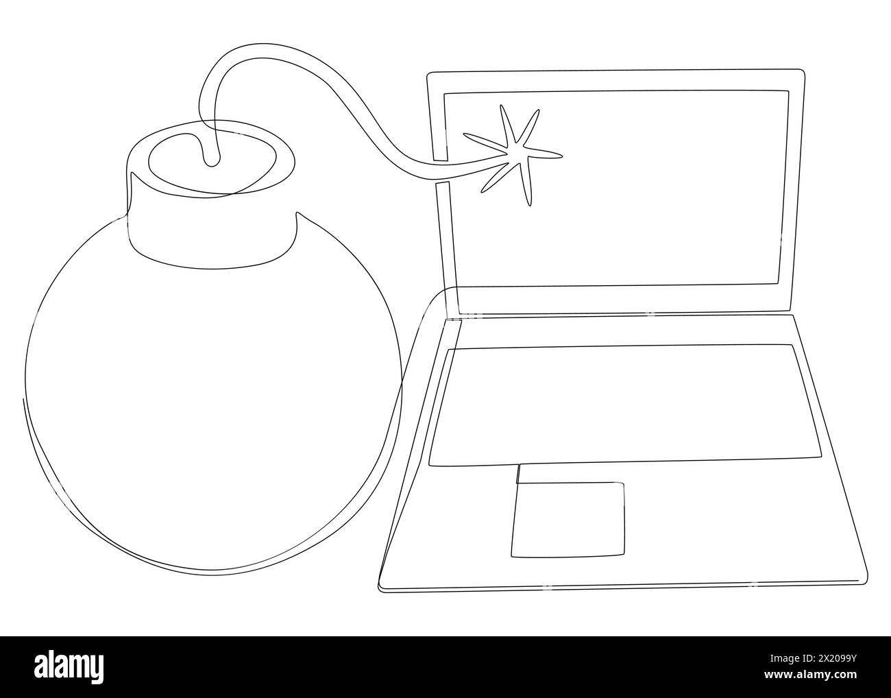 One continuous line of Laptop with Bomb. Thin Line Illustration vector ...