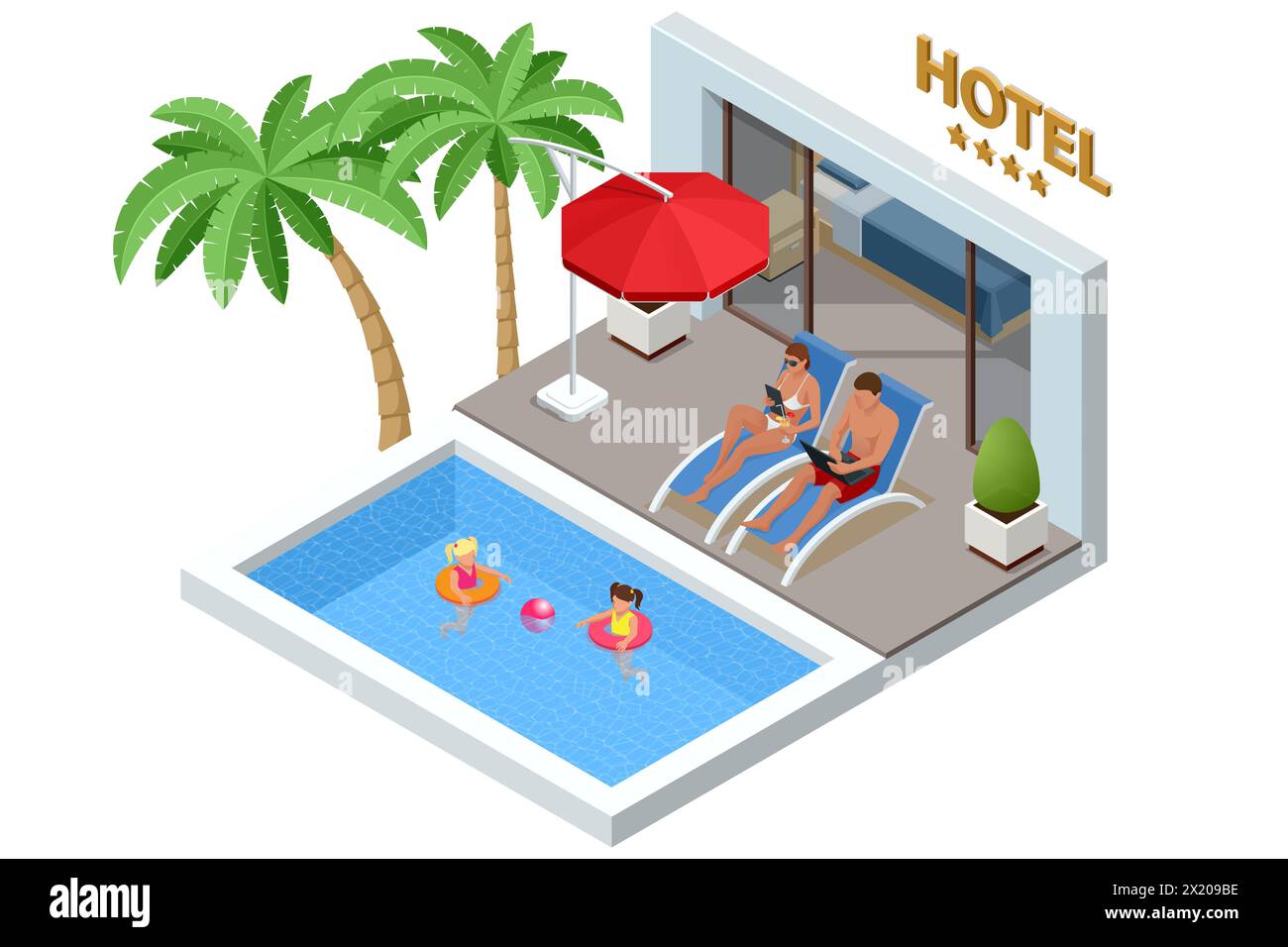 Isometric hotel illustration with pool, trees, tables, and grass Stock ...