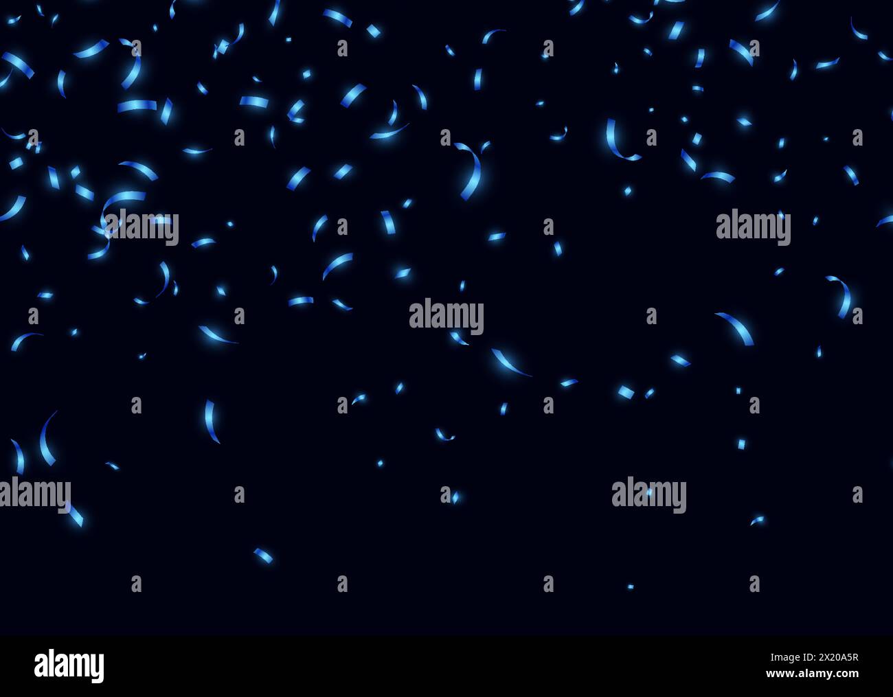 Blue confetti, falling paper ribbons isolated on dark background. Birthday party decoration ...