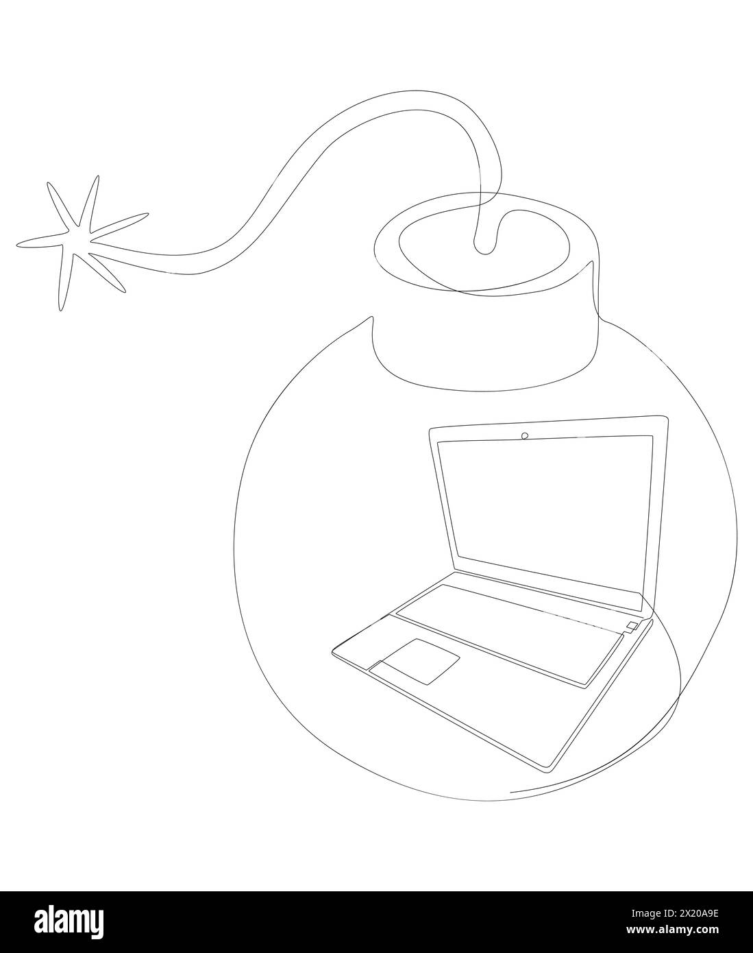 One Continuous Line Of Laptop With Bomb Thin Line Illustration Vector Concept Contour Drawing