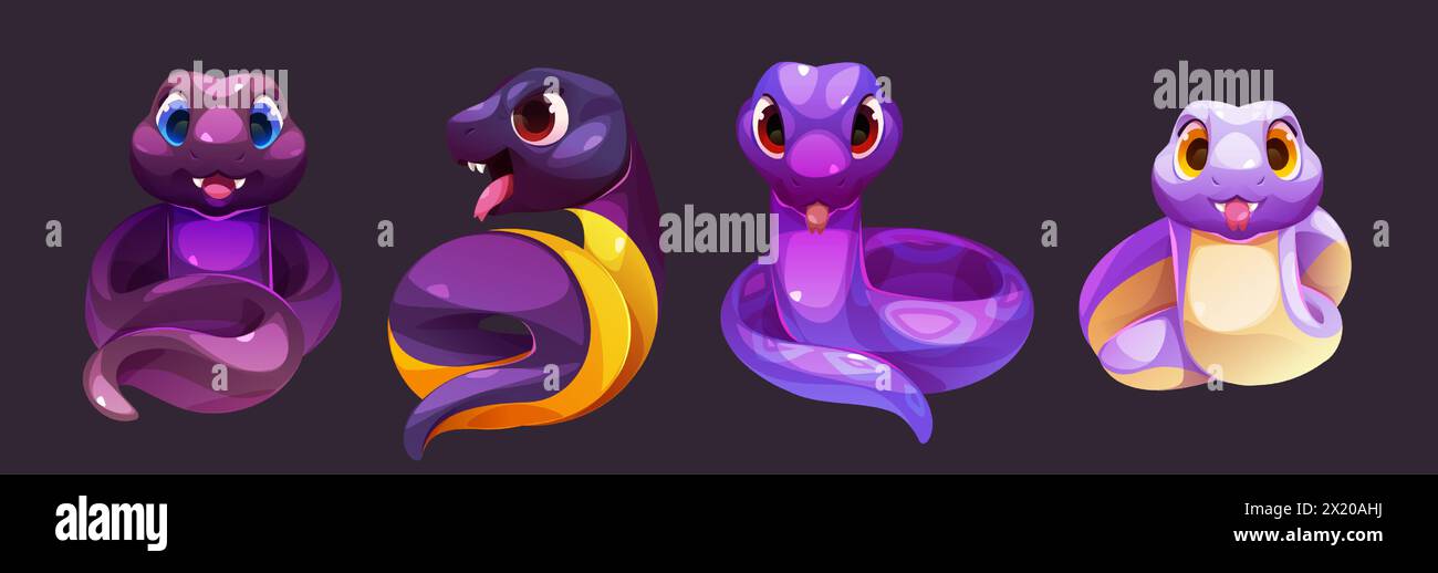 Set of snake characters isolated on black background. Vector cartoon ...