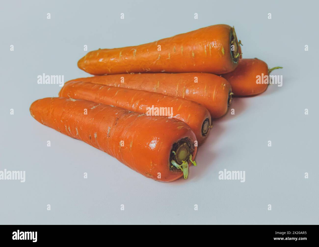 A close-up photo of a bunch of fresh carrots with green leafy tops ...