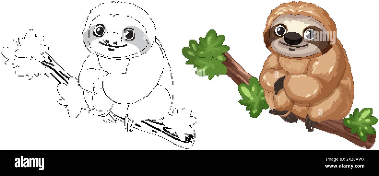 Two cartoon sloths on branches with green leaves Stock Vector Image ...